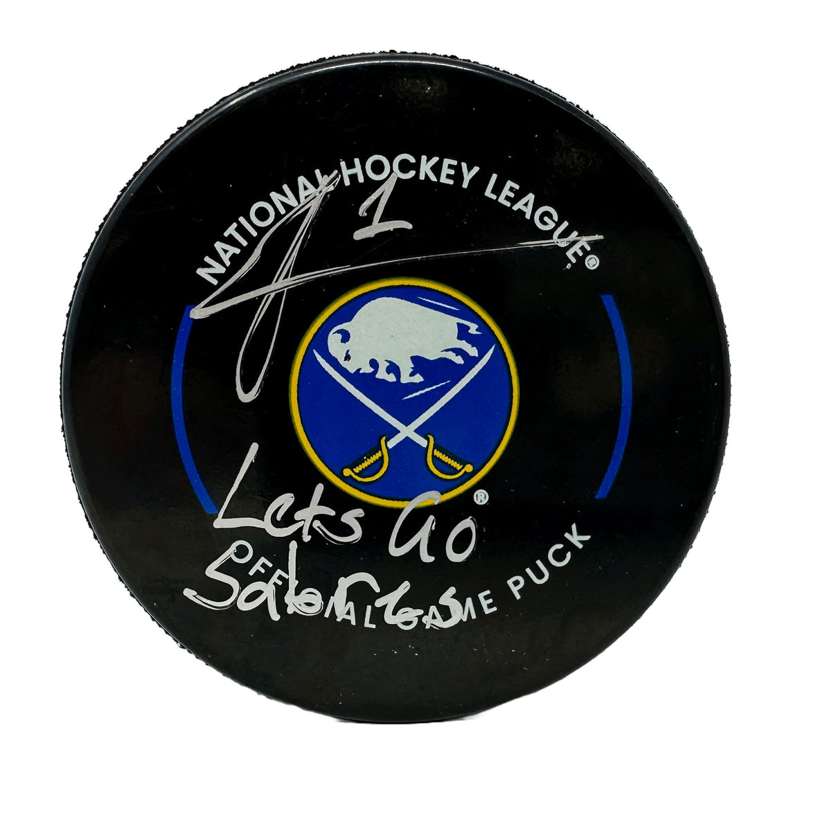 Ukko-Pekka Luukkonen Signed Official Game Model Puck with Let's Go Sab ...