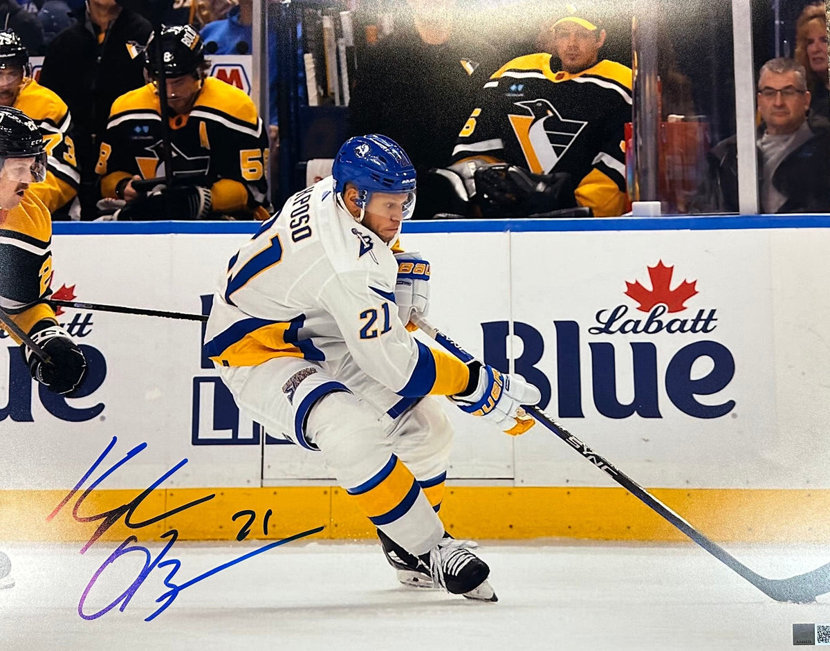 Kyle Okposo Skating with Puck in Reverse Retro Signed 16x20 Photo — TSE ...