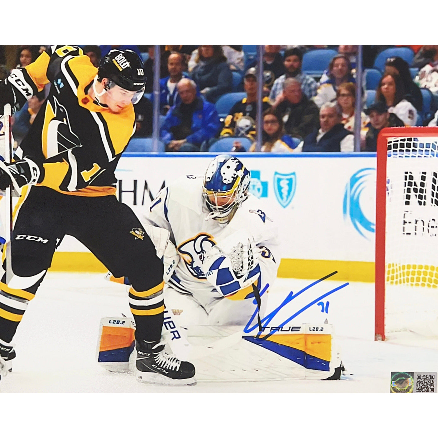 Eric Comrie Saving Shot in White Signed 8x10 Photo — TSE Buffalo