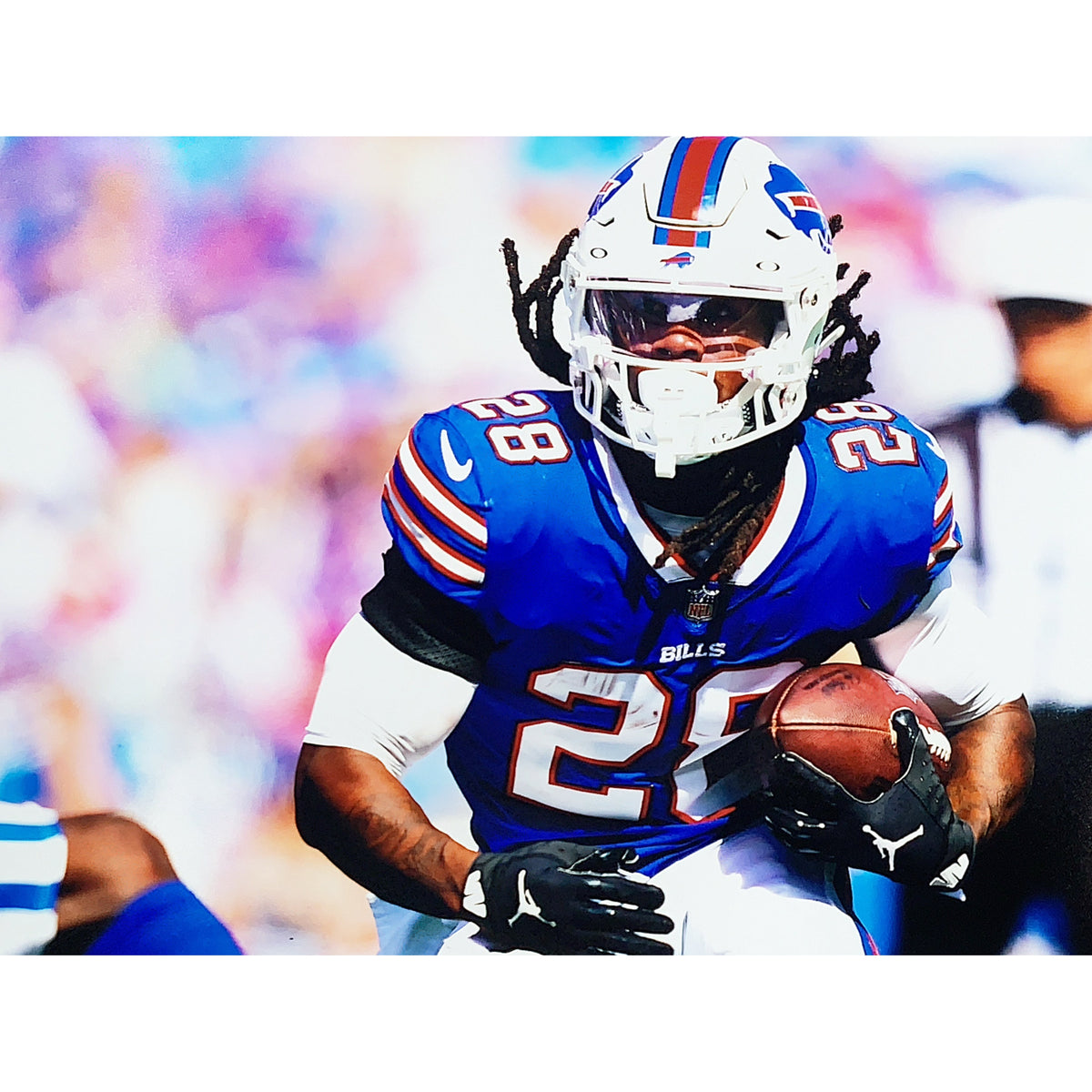 James Cook Unsigned Running with Football in Blue 11x14 Photo — TSE Buffalo