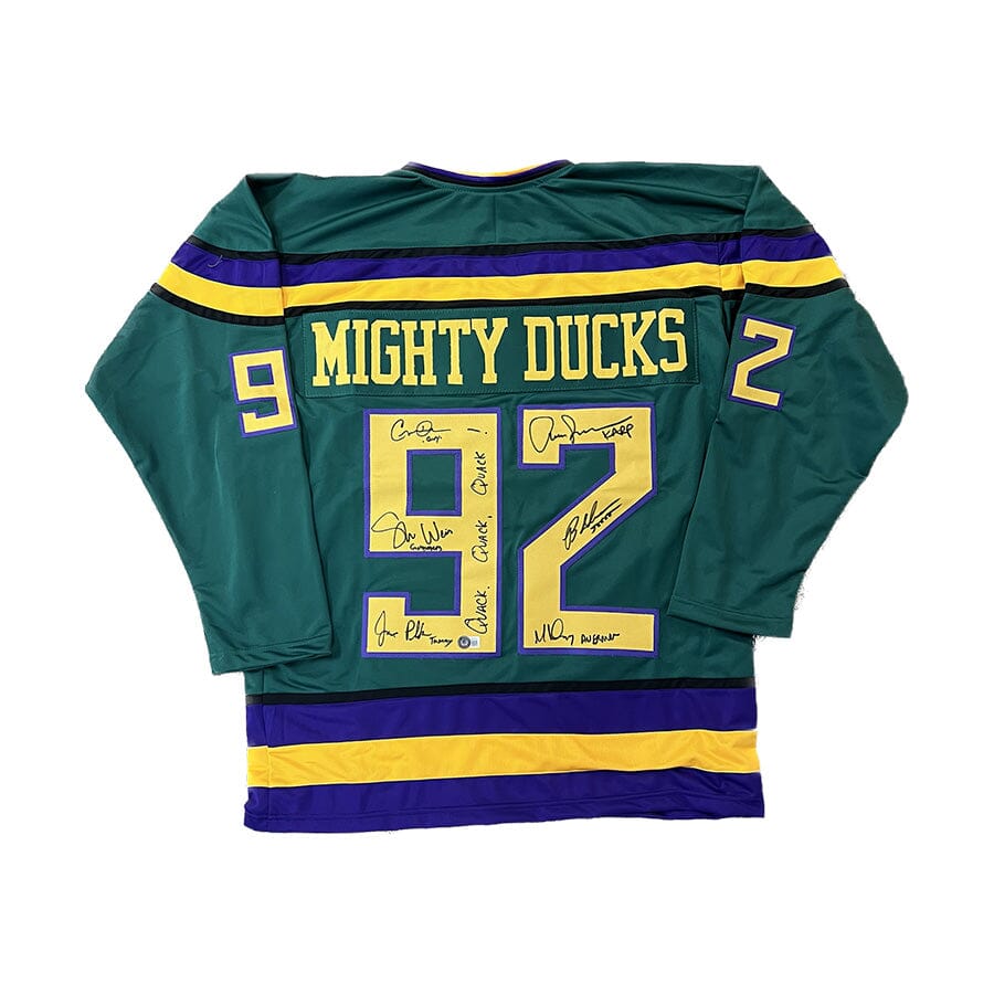 Mighty Ducks Cast Signed Custom Green Jersey with "Quack, Quack, Quack ...
